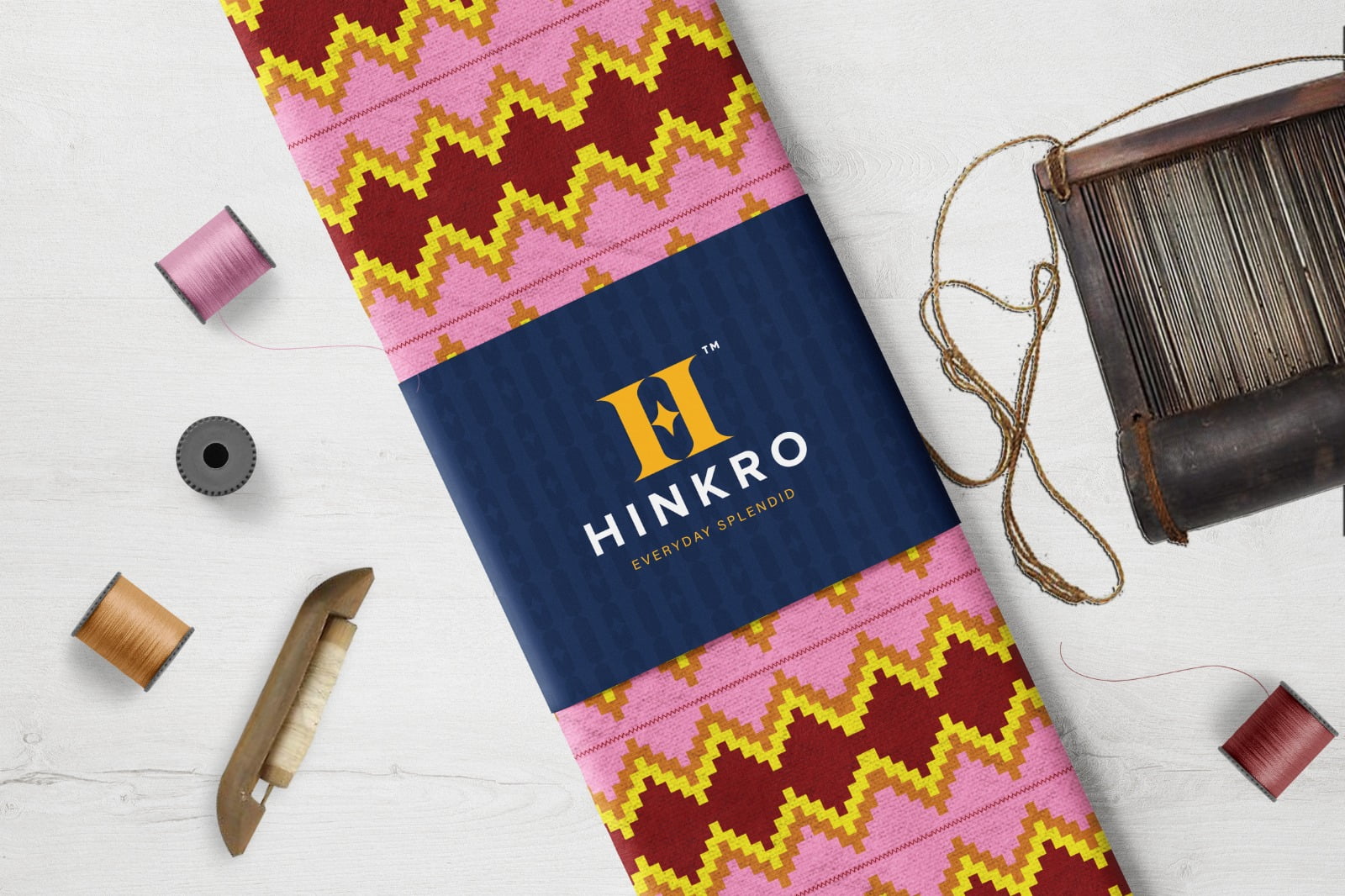 Pink, Yellow and Dark Red kente - Hinkro Kente