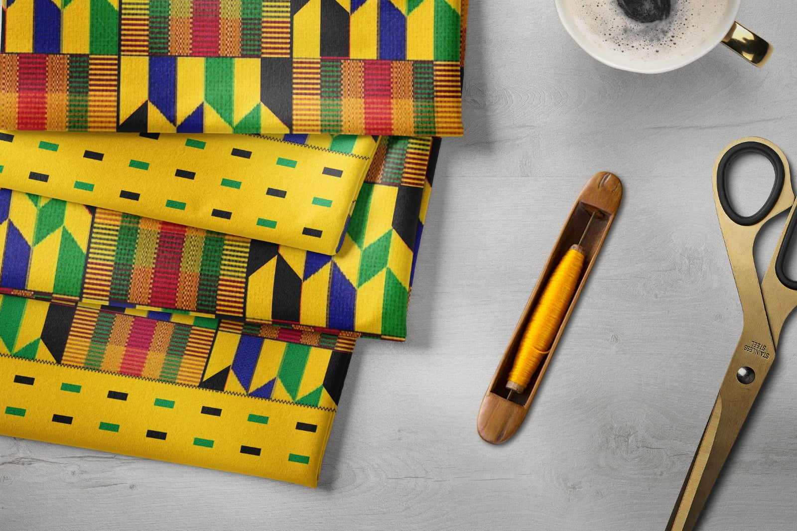 Yellow, Black, Green, Blue and Red Kente - Hinkro Kente
