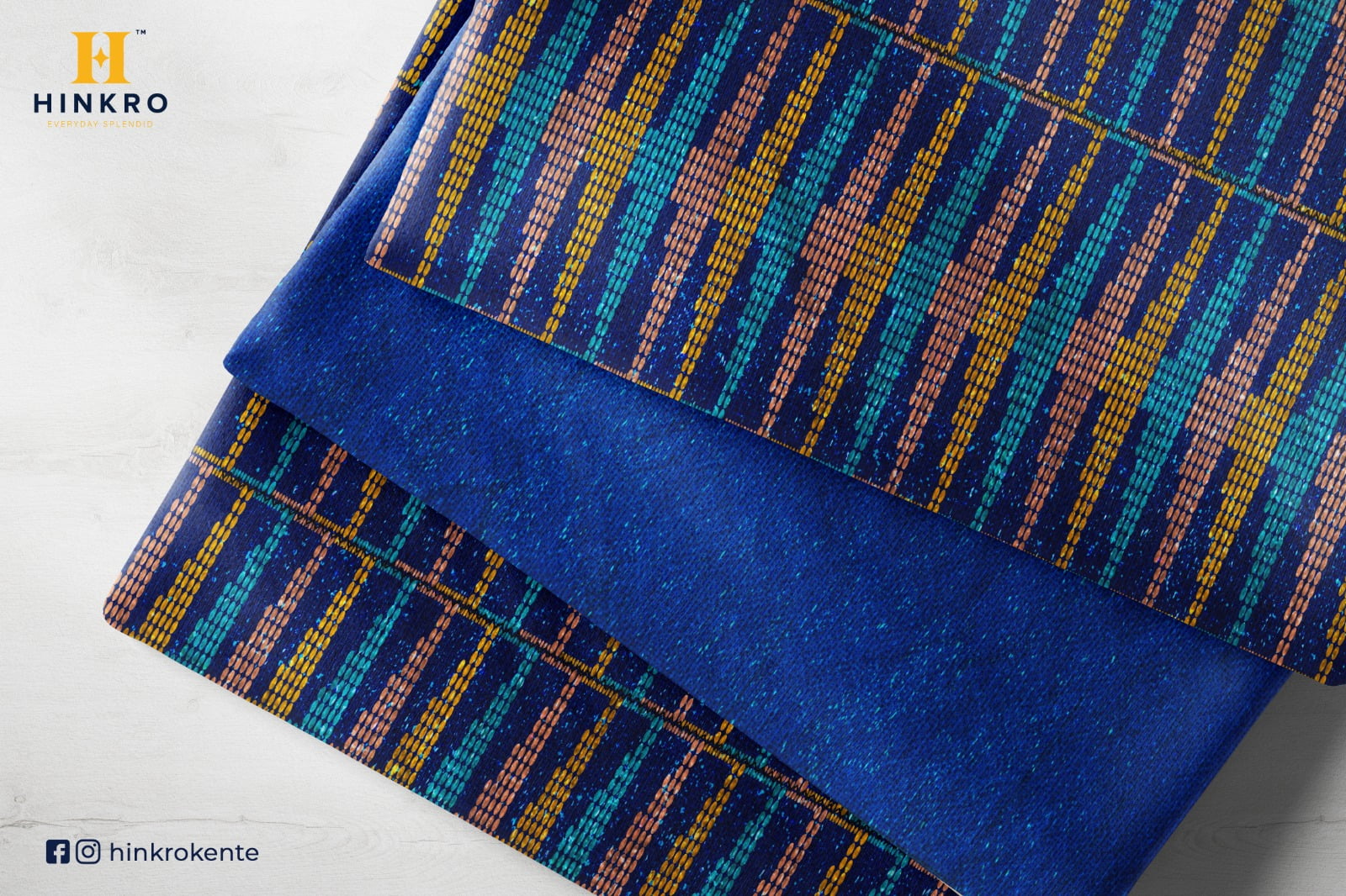Royal Blue, Peach and Gold Kente Fabric with Shimmering plain - Hinkro ...
